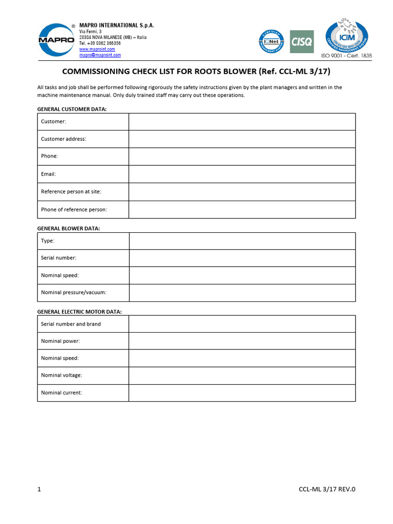 Commissioning Check List CCL-ML - Rev032017 | PDF | Pressure ...