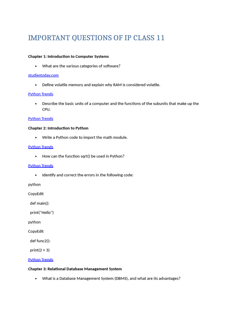 Important Questions of Ip Class 11 | PDF