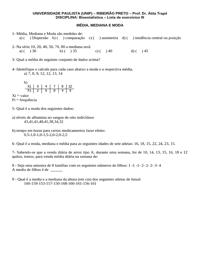 Lista de Exercícios - Média, Mediana e Moda | PDF