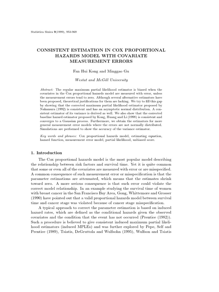 Consistent Estimation in Cox Proportional Hazards Models With Covariate Mesaurement Errors (Kong ...