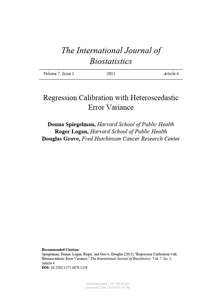 Regression Calibration With Heteroscedastic Error Variance | PDF | Regression Analysis | Linear ...