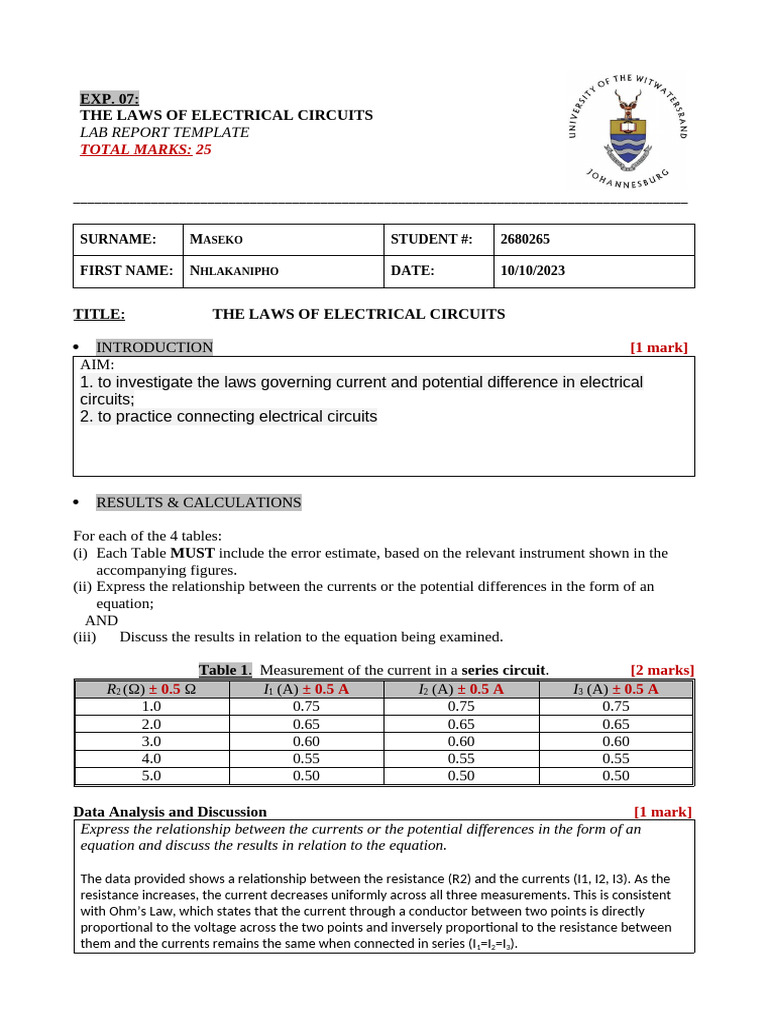 Exp07 - Electrical Circuits - Lab Report Template | PDF | Series And Parallel Circuits | Voltage