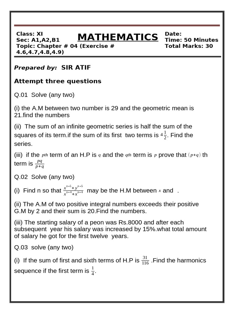 Class XI Mathematics Exercises 4.6-4.9 | PDF