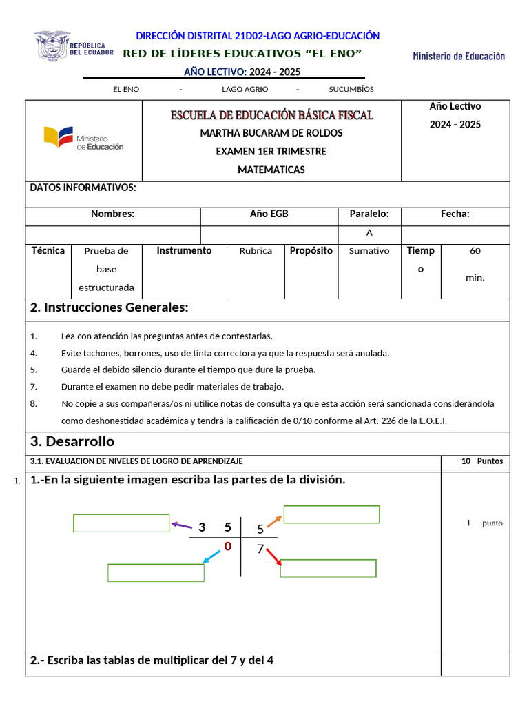 5to-MATE-1ER-TRIMESTRE - EXAMEN-2024-2025 | PDF