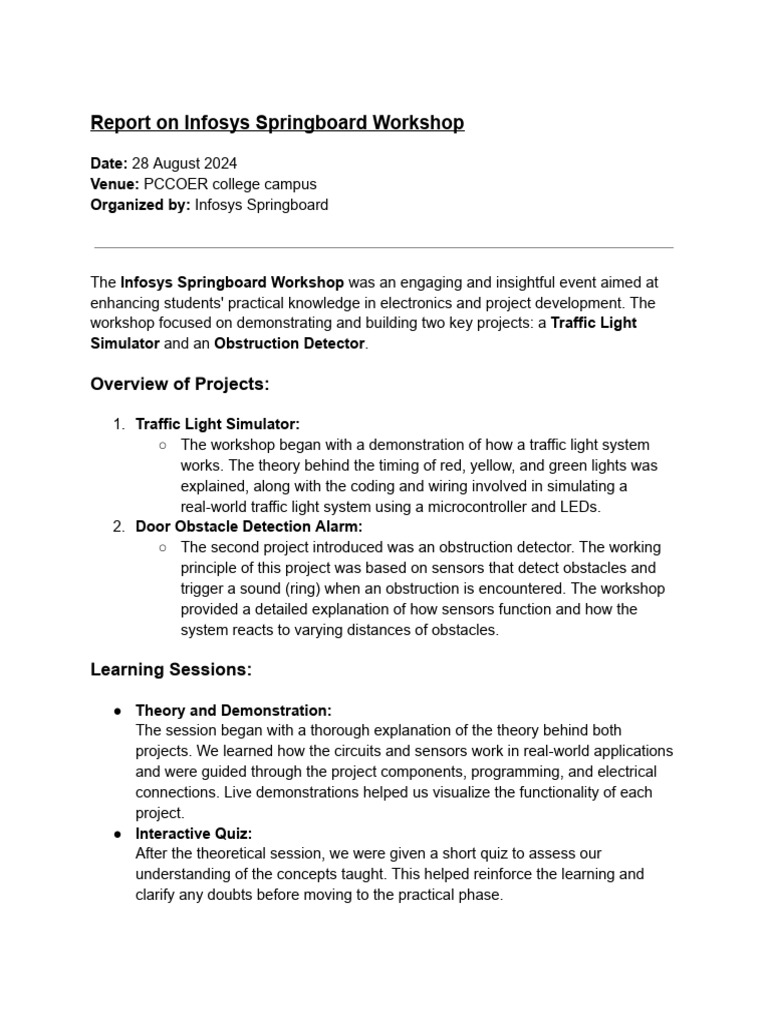 Report On Infosys Springboard Workshop | PDF | Sensor | Simulation