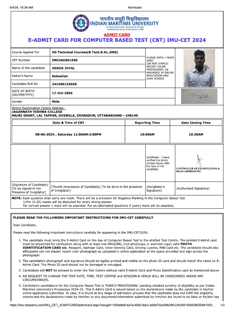 Henok Admit Card | PDF