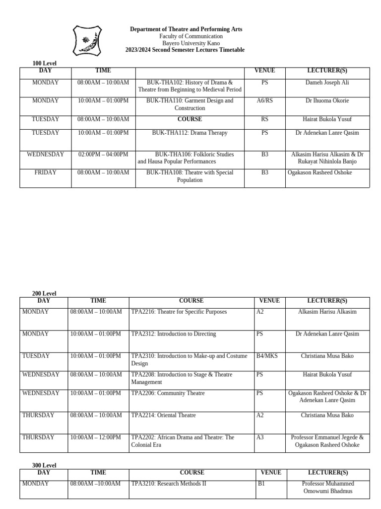 Timetable 2nd Semester 2023-2024 | PDF | Performing Arts | Entertainment