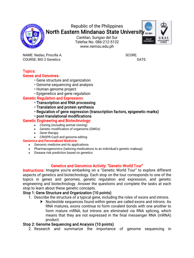 Activity On Genetic World Tour | PDF | Translation (Biology) | Gene