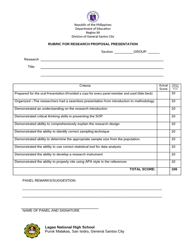 Rubric For Proposal Presentation | PDF