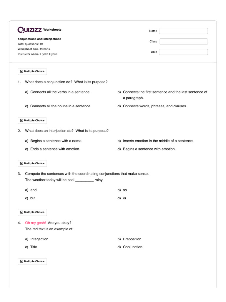 Conjunctions and Interjections Worksheet | PDF | Sentence (Linguistics ...