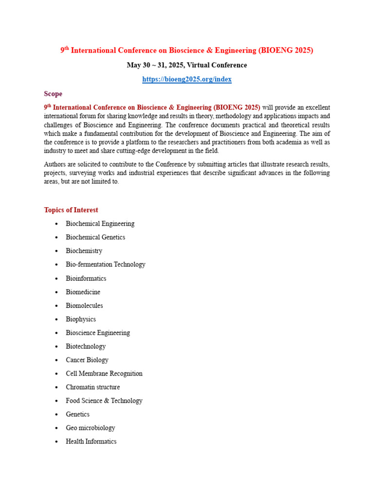 9th International Conference On Bioscience & Engineering (BIOENG 2025 ...