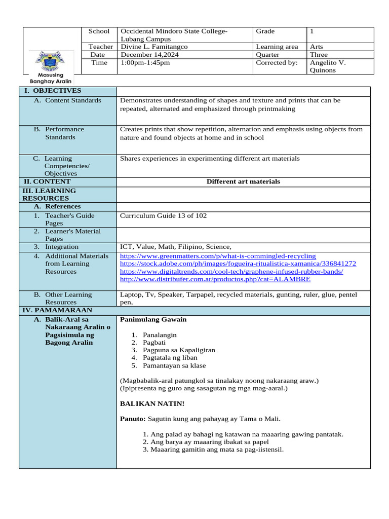 Lesson Plan For SR Don Quinones | PDF