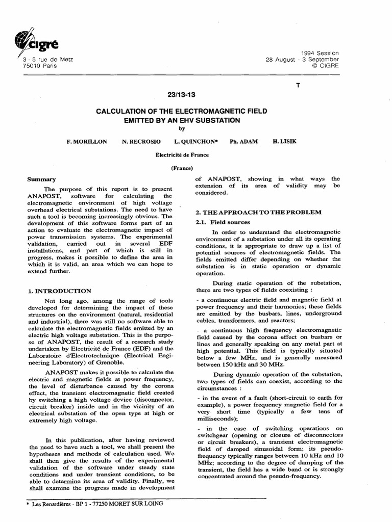 CIGRE - 1994 - Calculation of The Electromagnetic Field Emitted by An EHV Substation | PDF