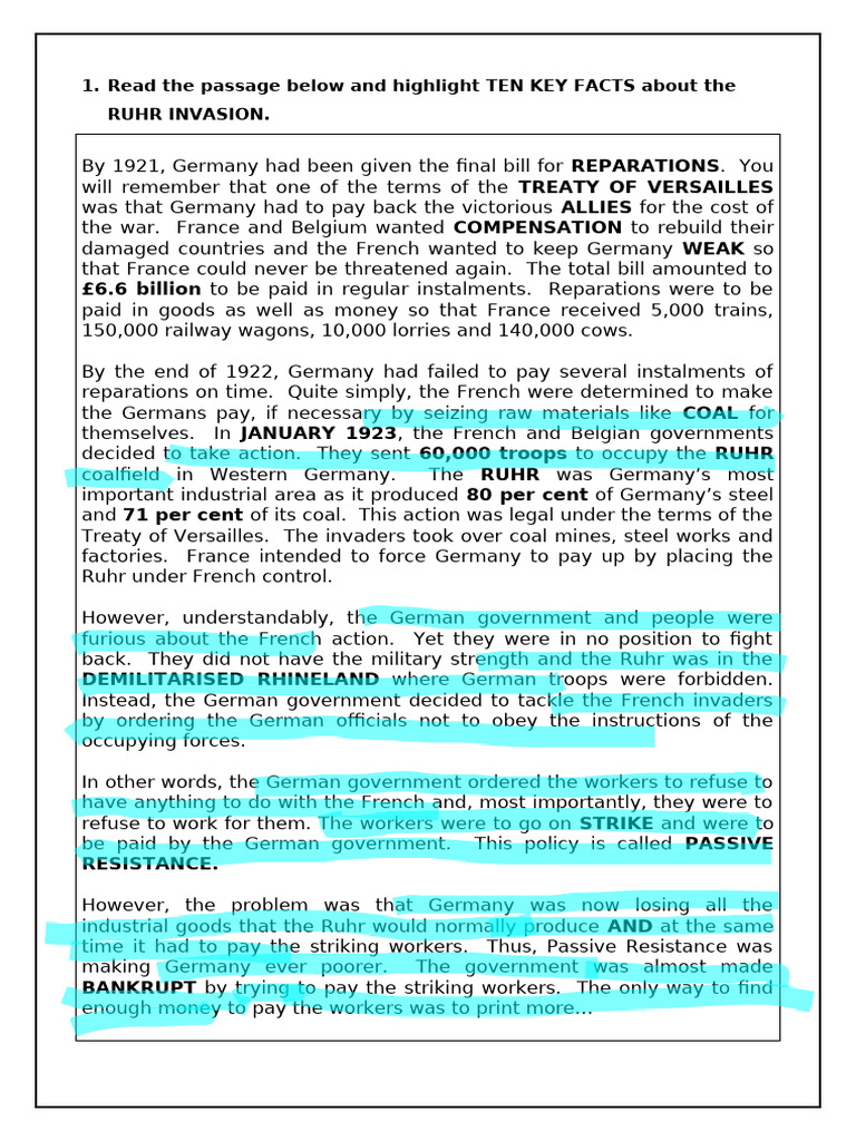Invasion of The Ruhr Notetaking Task | PDF | World War I Reparations ...