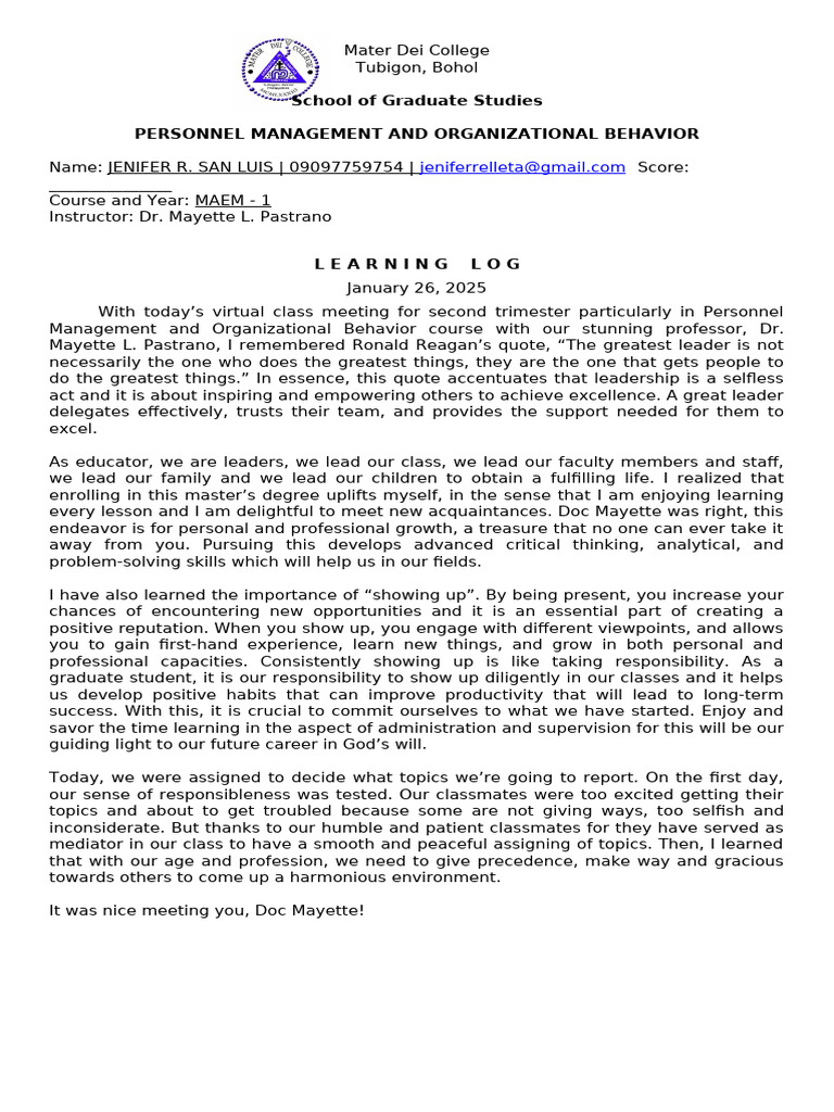 PERSONNEL San Luis Jenifer Output1 | PDF | Behavior Modification | Cognition