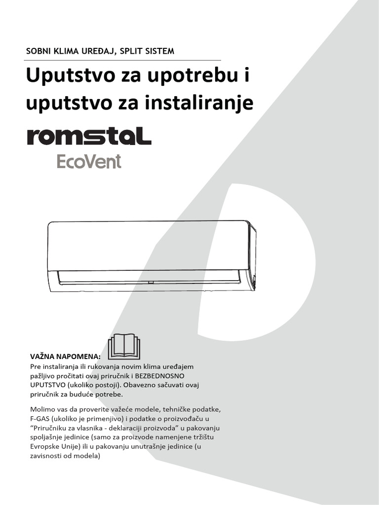 Uputstvo Za Upotrebu I Uputstvo Za Instaliranje - Romstal Ecovent - Sobni Klima Uređaj Split ...