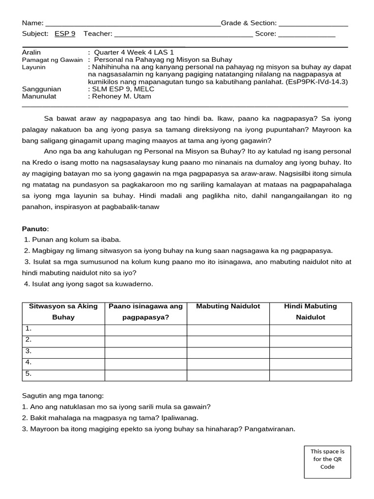 Grade-9-EsP-Q4-W4-LAS-1 | PDF
