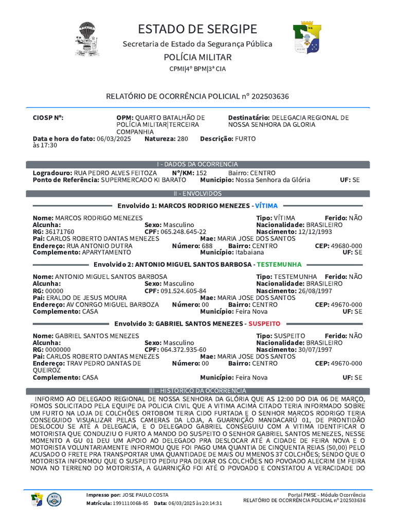 Portal - Ocorrência - Relatório de Ocorrência Policial #202503636 | PDF ...