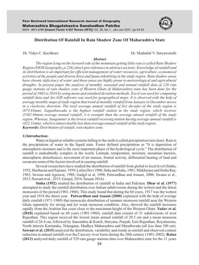 Distribution of Rainfall in Rain Shadow Zone of Maharashtra State Dr ...