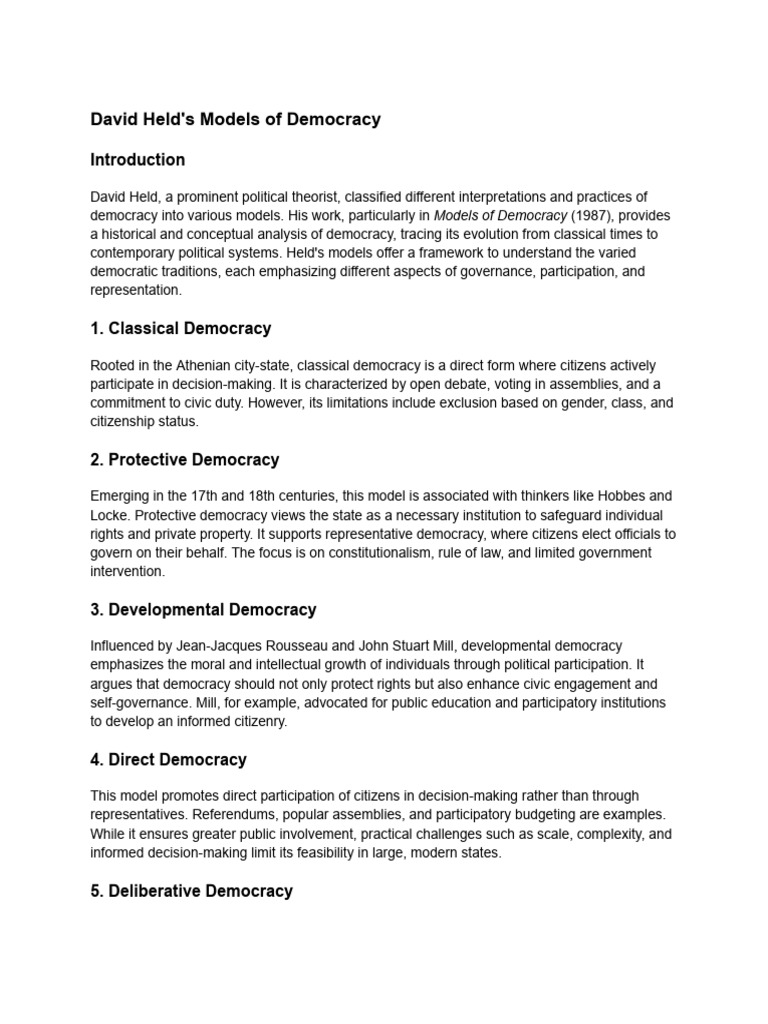 David Held's Models of Democracy | PDF | Democracy | Political Ideologies