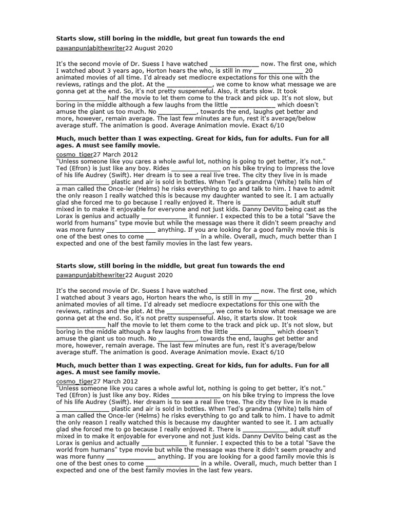 Open Cloze - Reviews Thel Lorax | PDF