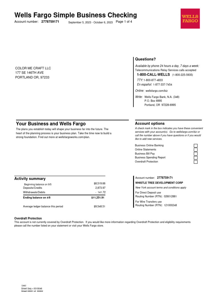 Wells Fargo Business Statement Summary | PDF | Overdraft | Fee