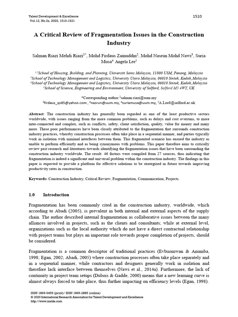 A Critical Review of Fragmentation Issues in the Construction | PDF ...