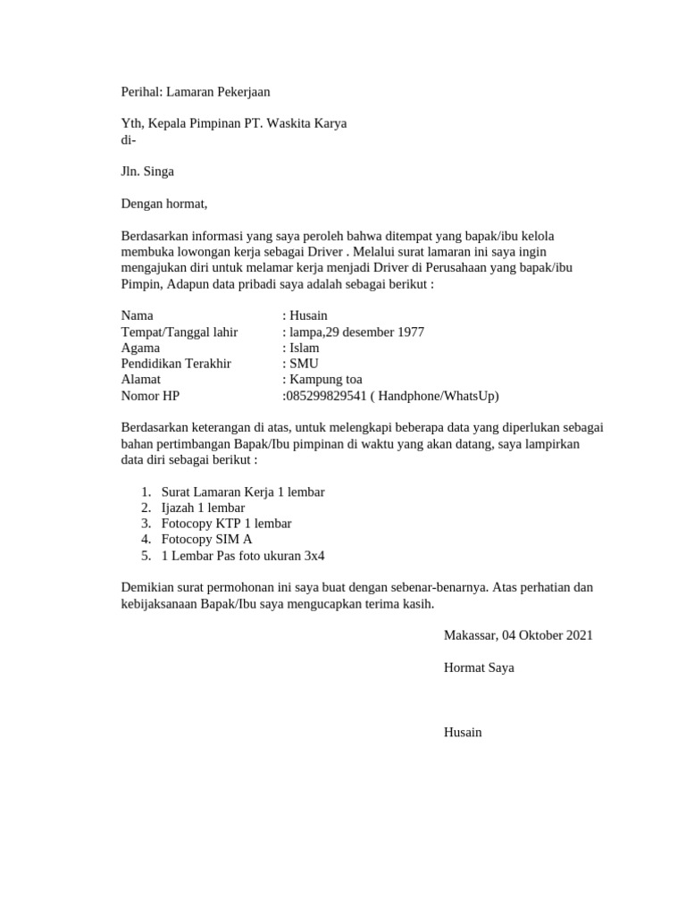 Lamaran Kerja Driver PT. Waskita Karya | PDF
