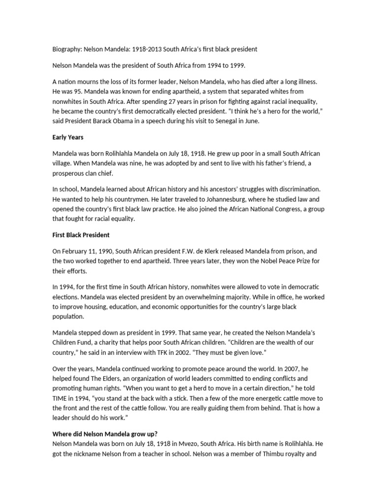 Nelson Mandela: South Africa's First Black President | PDF | Nelson ...