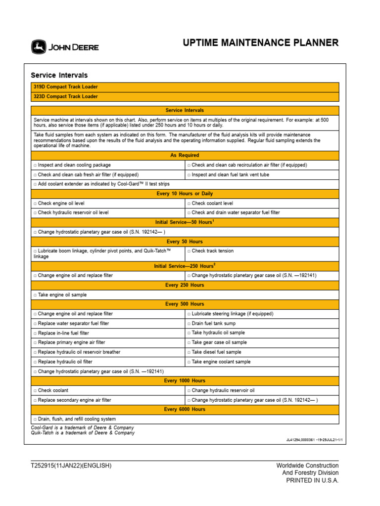 319D and 323D Compact Track Loaders Uptime Maintenance Planner | PDF ...