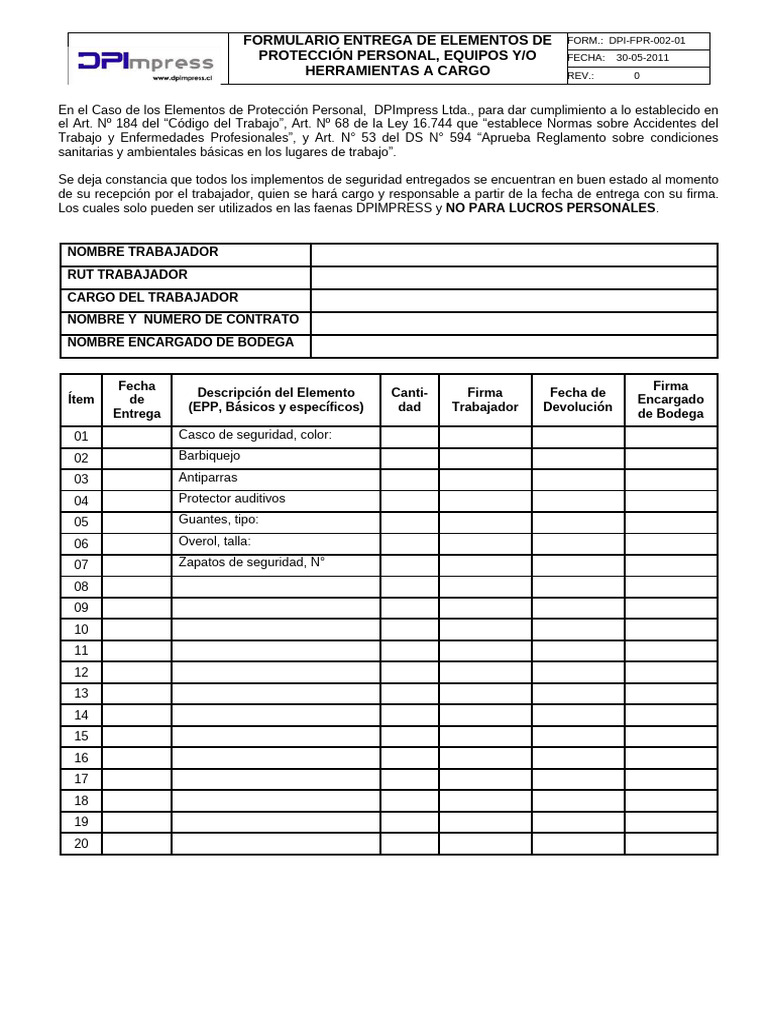 DPI-FPR-002-01 Form Entrega Elementos de Protección Personal Rev 0 | PDF