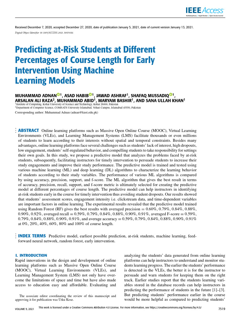 Predicting at-Risk Students at Different Percentages of Course Length for Early Intervention ...