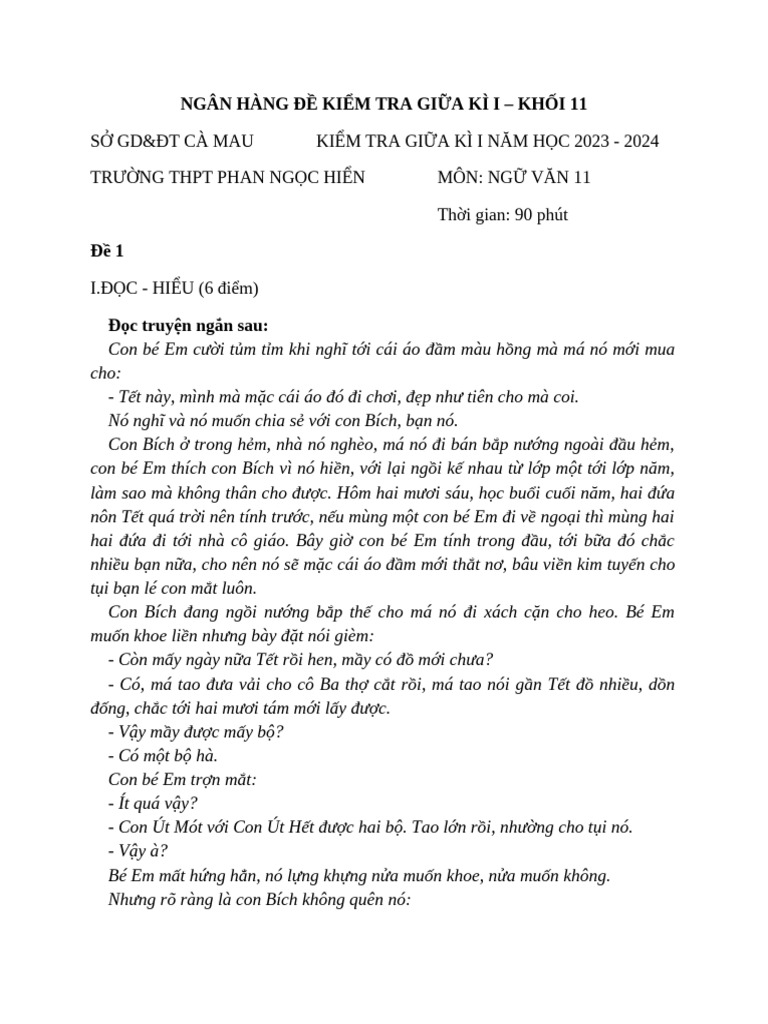 NGÂN HÀNG ĐỀ KTGKI KHỐI 11 | PDF