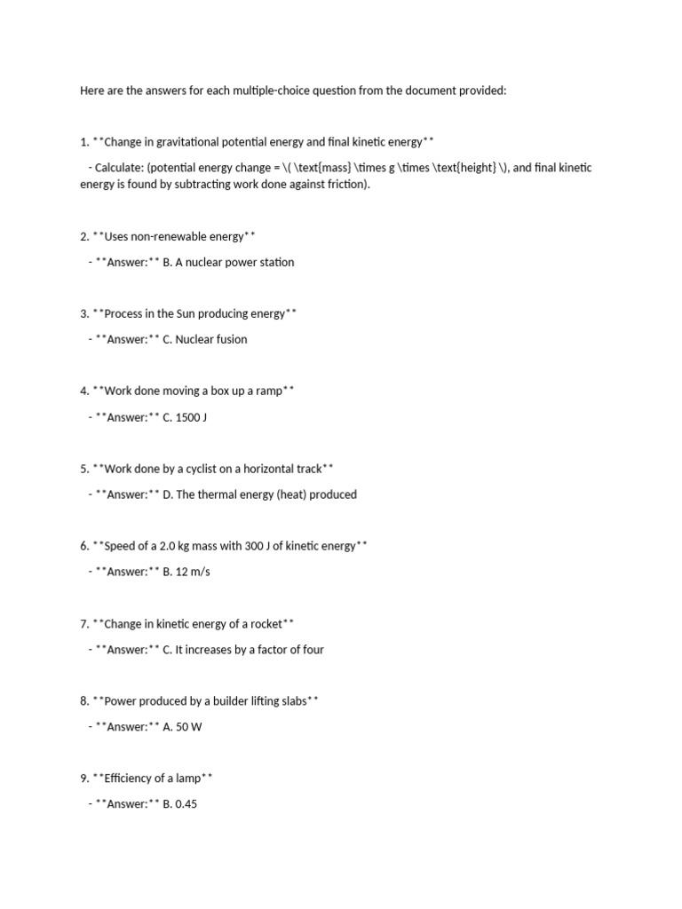 Here Are The Answers For Each Multiple | PDF | Potential Energy ...