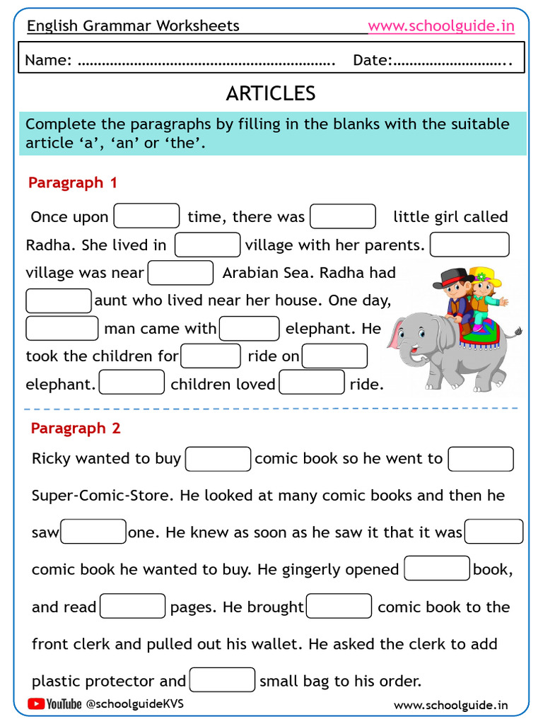 Articles Worksheet 1 | PDF