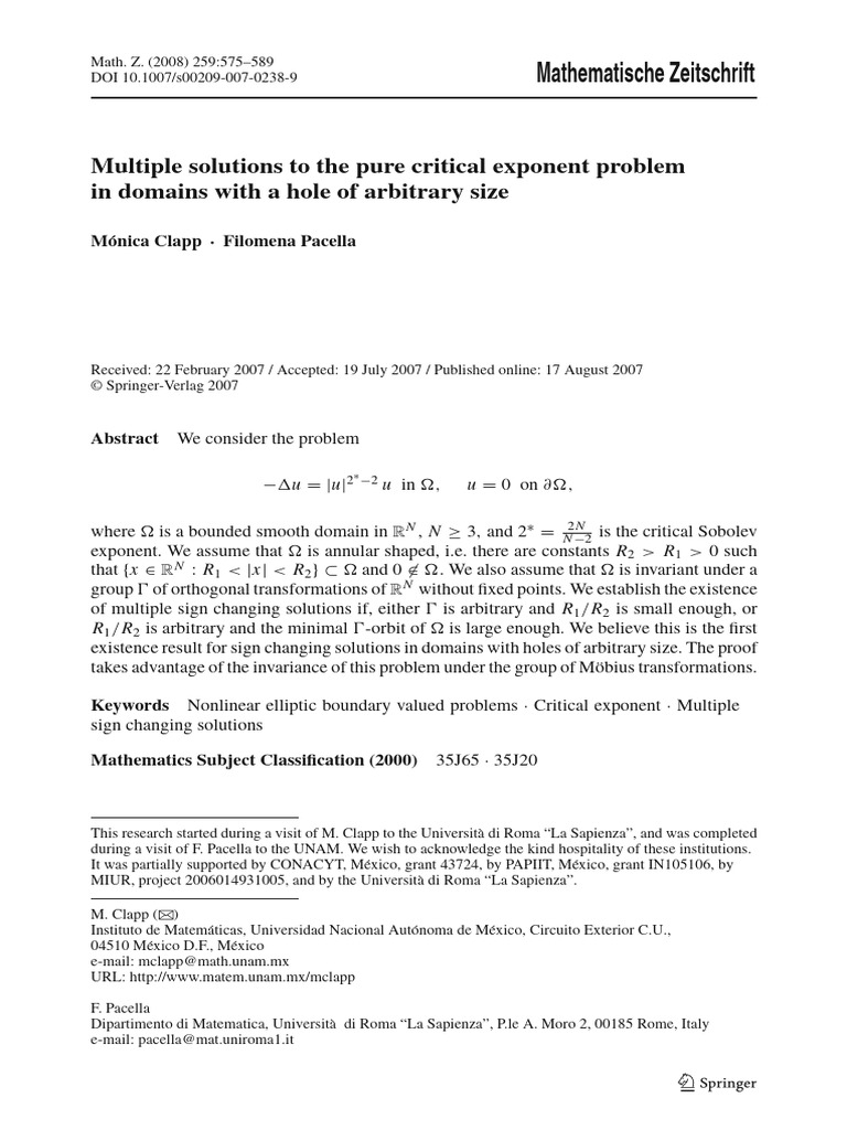 (M.Clapp) Multiple Solutions To The Pure Critical Exponent Problem in Domains With A Hole of ...