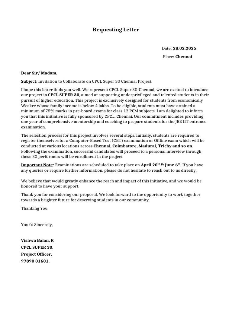 Requesting Letter To Principal | PDF