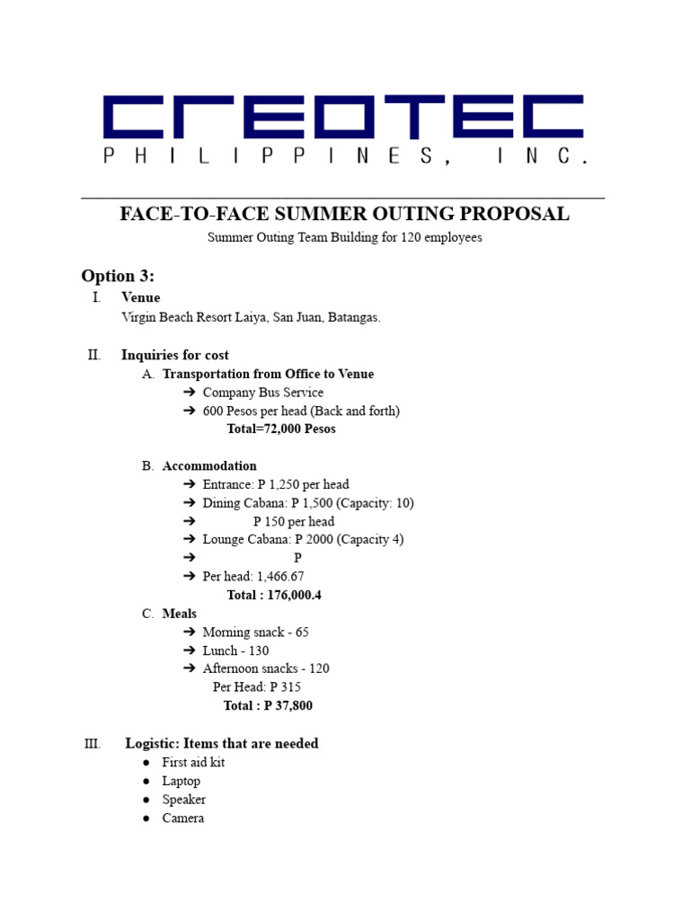 Summer Outing - Menu Proposal | PDF