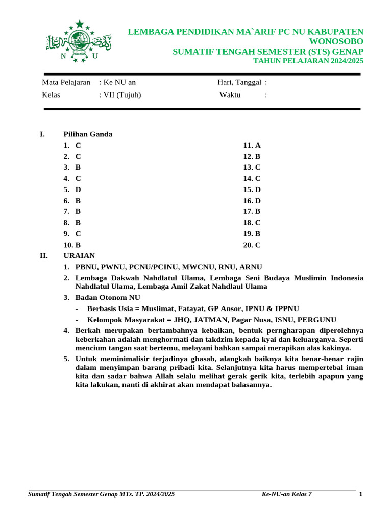 Kunci Jawaban ASTS Kelas VII | PDF