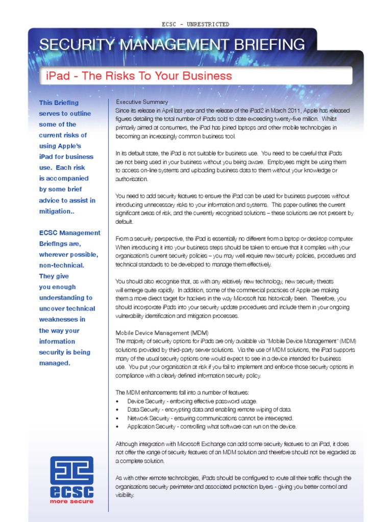 ECSC SecurityManagementBriefingiPad | PDF | Computer Security | Security