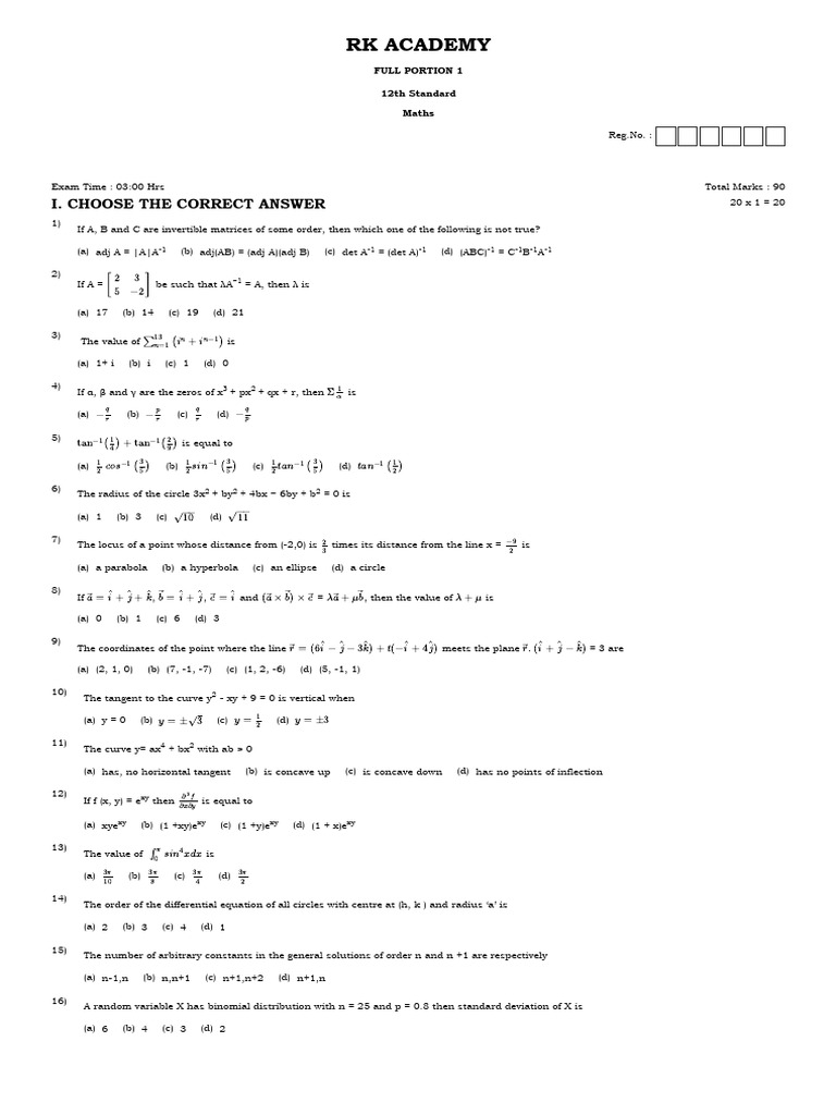 12th Maths Full Portion Question Paper With Answer Key English Medium ...