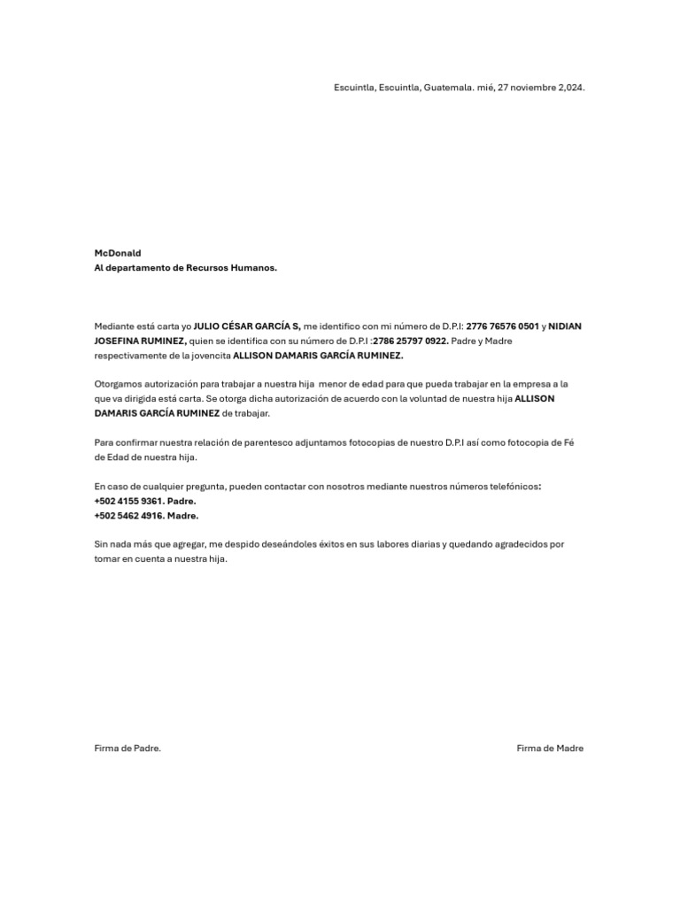 Carta de Permiso para Trabajar Menor Edad | PDF