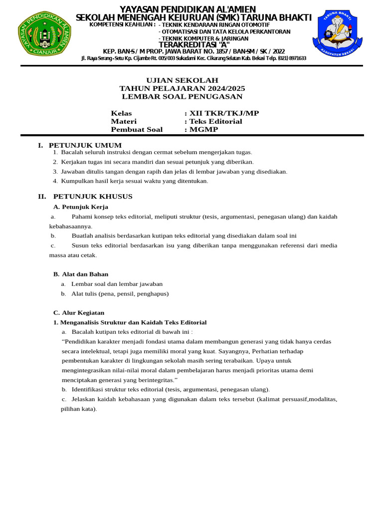 Soal Us Penugasan Bahasa Indonesia Teks Editorial 2025 | PDF