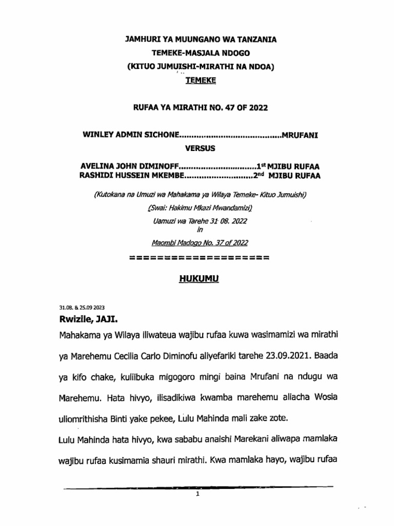 Winley Admin Sichone Vs Avelina John Diminoff Another (Probate Appeal ...