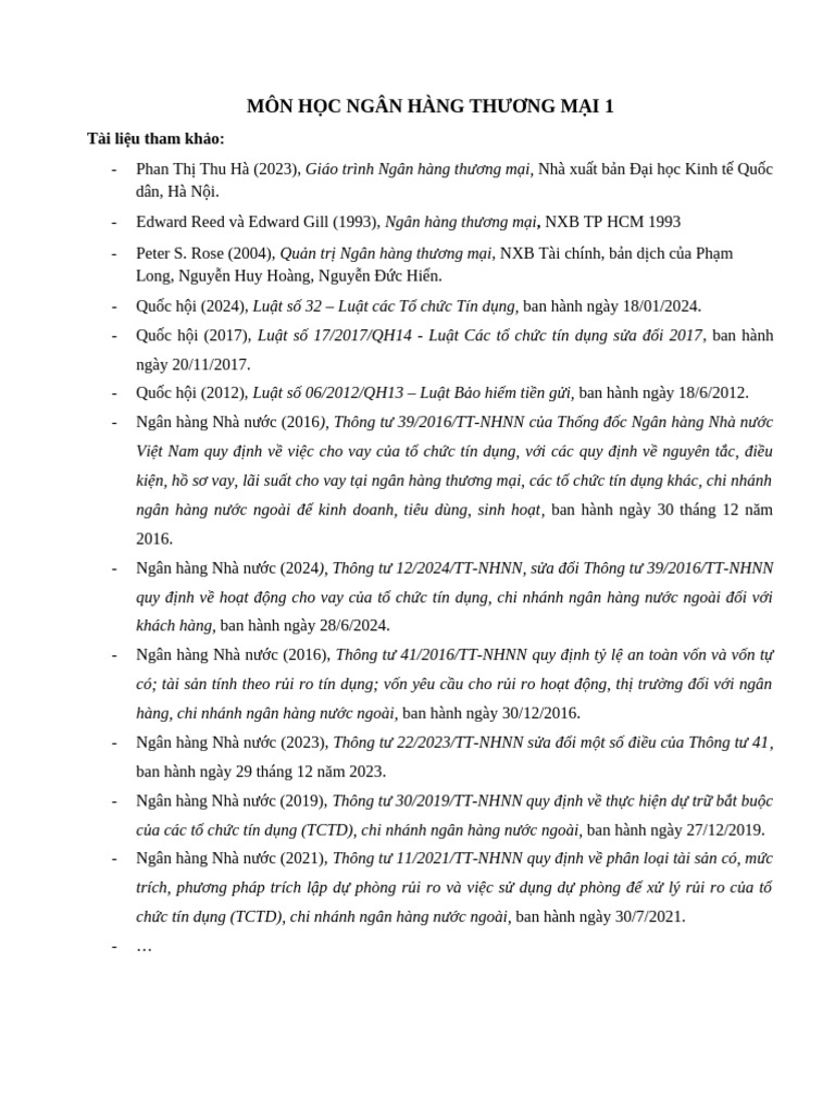 Lịch trình môn học NHTM 1 | PDF