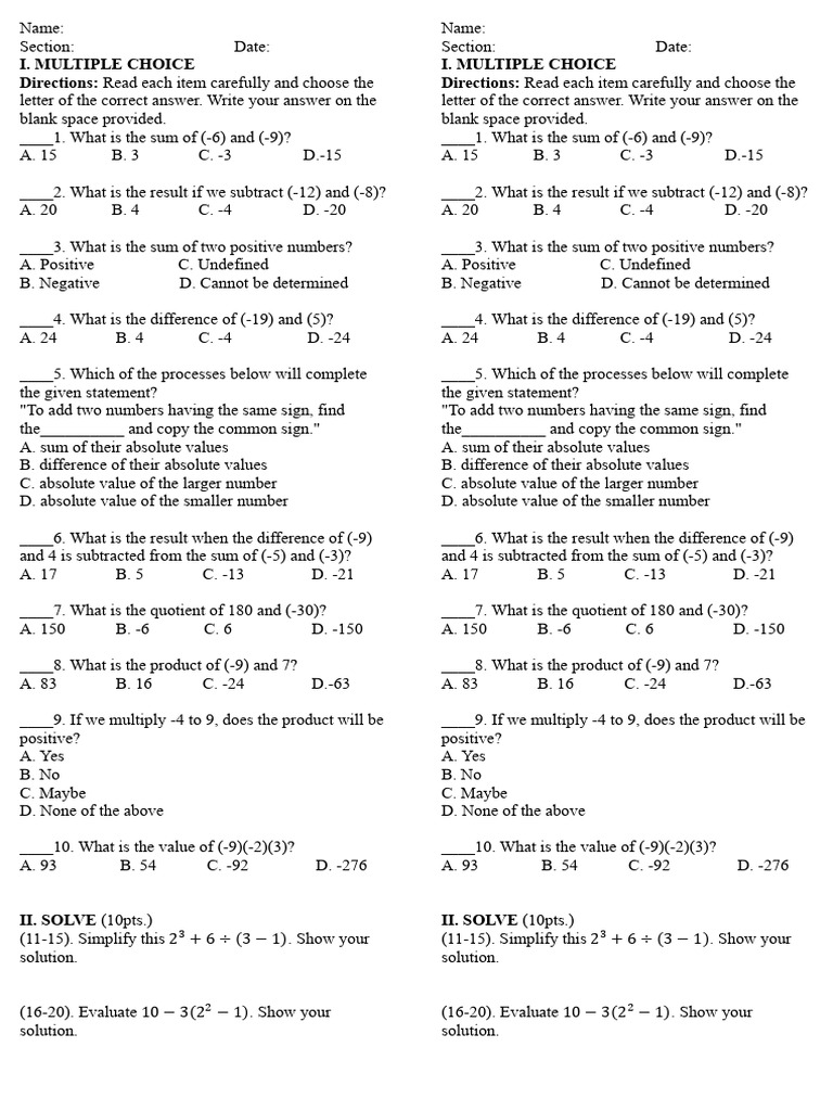 Math Quiz: Operations with Integers | PDF | Summation | Mathematics