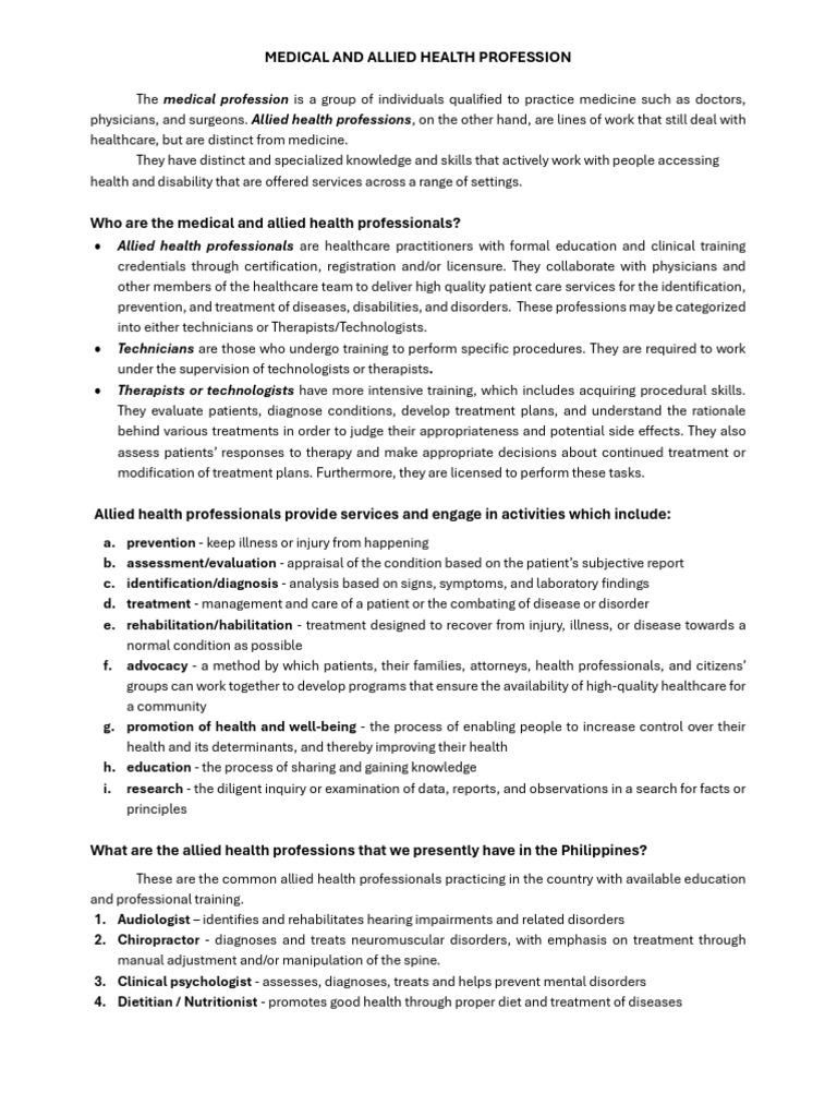 Overview of Medical and Allied Health Professions | PDF | Health ...