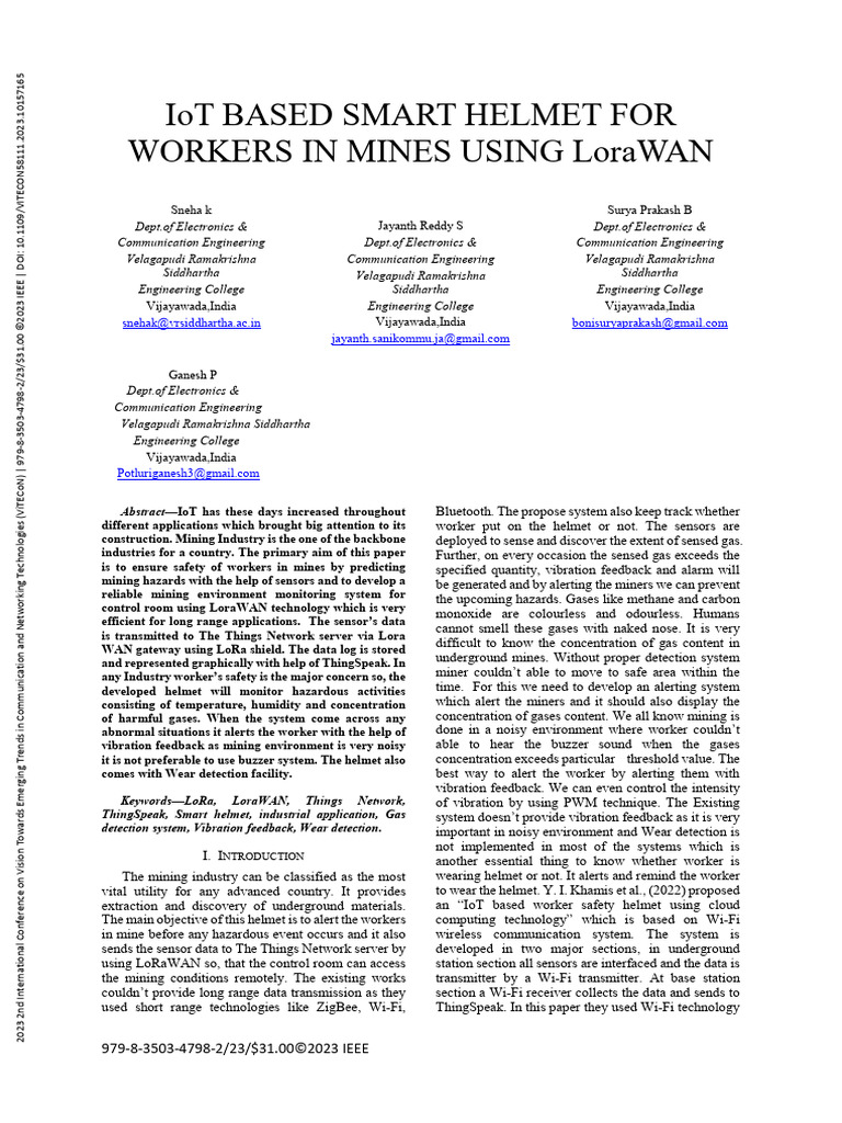 IoT Based Smart Helmet For Workers in Mines Using LoraWAN | PDF | Internet Of Things | Wi Fi