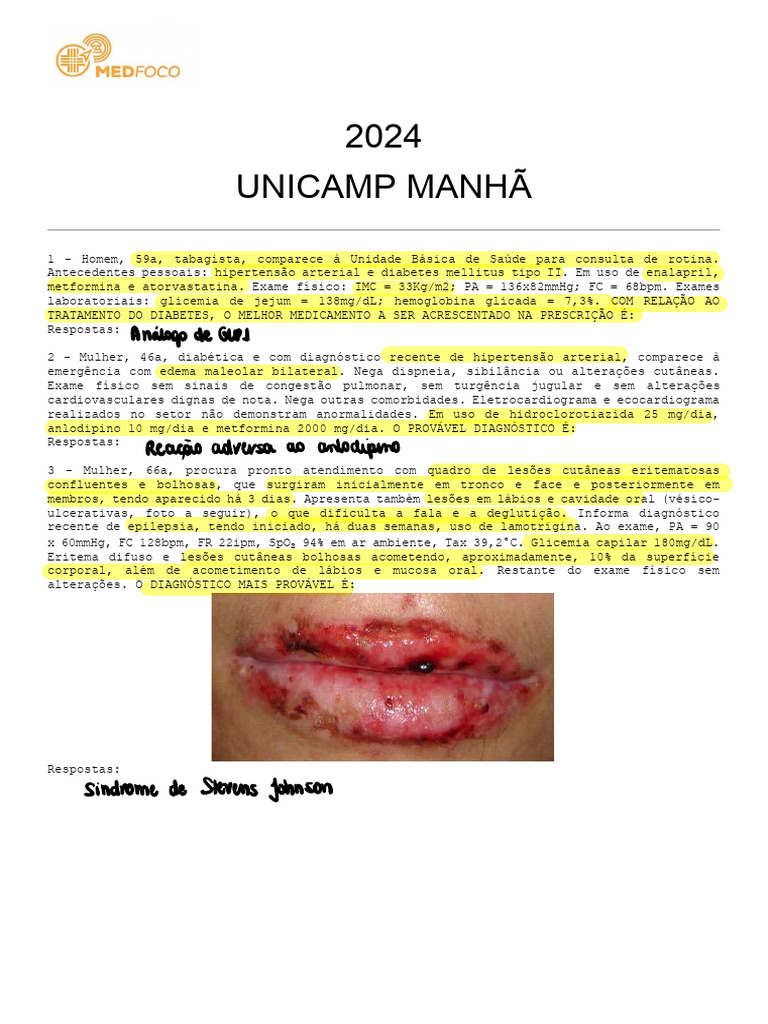 Simulado UNICAMP Medcurso Respostas | PDF | Hipertensão | Gravidez