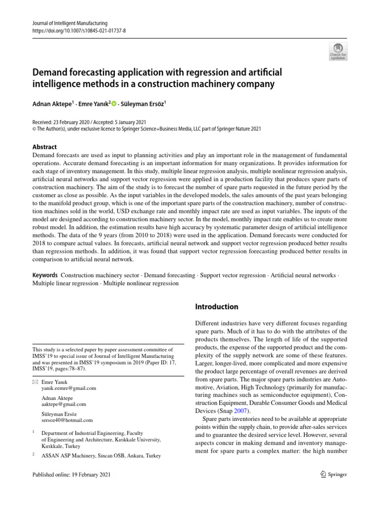 Demand Forecasting Application With Regression and Artificial Intelligence Methods in A ...